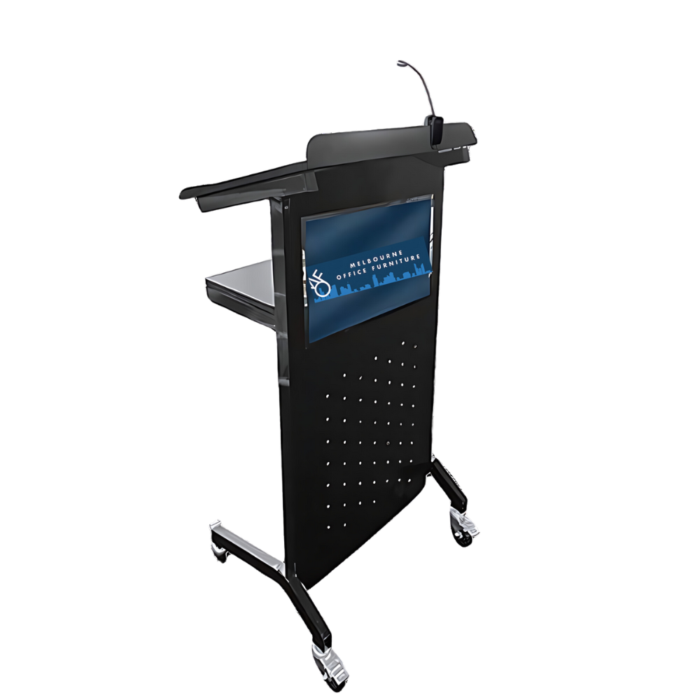 Stylish Black Lectern with LED Light & Storage Shelves